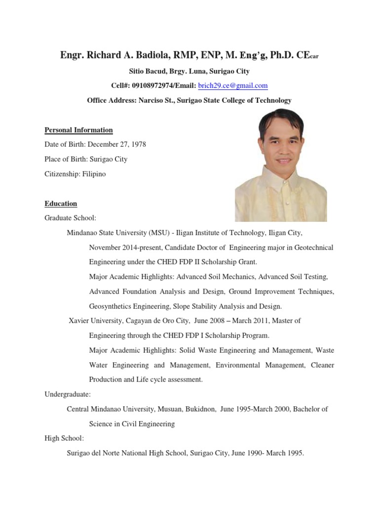 Engr. Richard A. Badiola, RMP, ENP, M. Eng'g, Ph.D. CE | PDF | Civil ...
