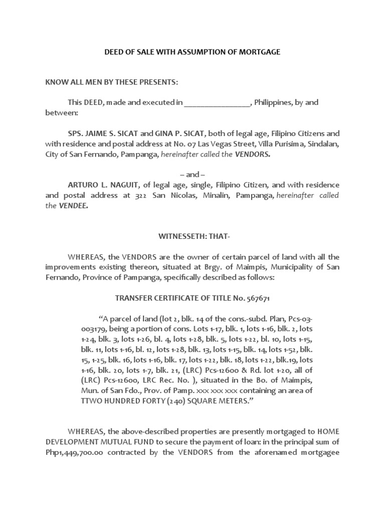 Deed of Sale with Mortgage Assumption | PDF | Mortgage Law | Loans