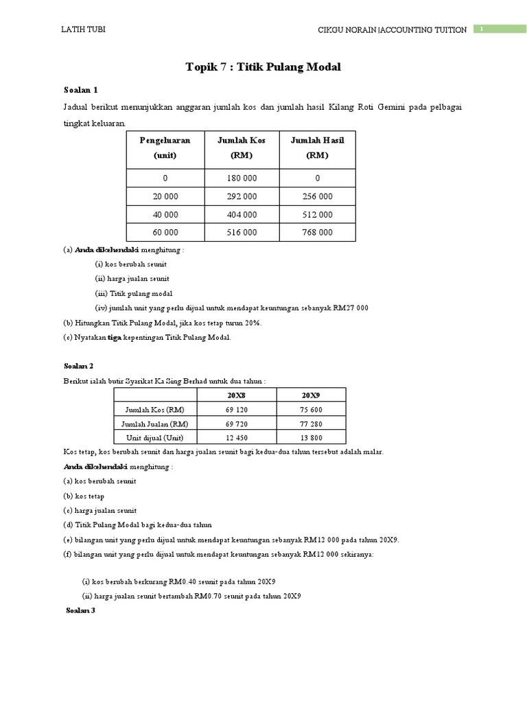 Topik 7 Titik Pulang Modal (Latest 2021) | PDF