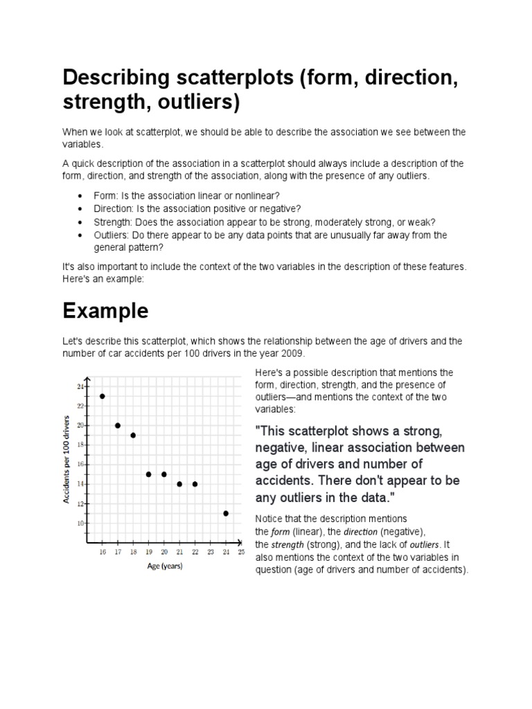 Describing Scatterplots (Form, Direction, Strength, Outliers) | PDF | Scatter Plot | Outlier