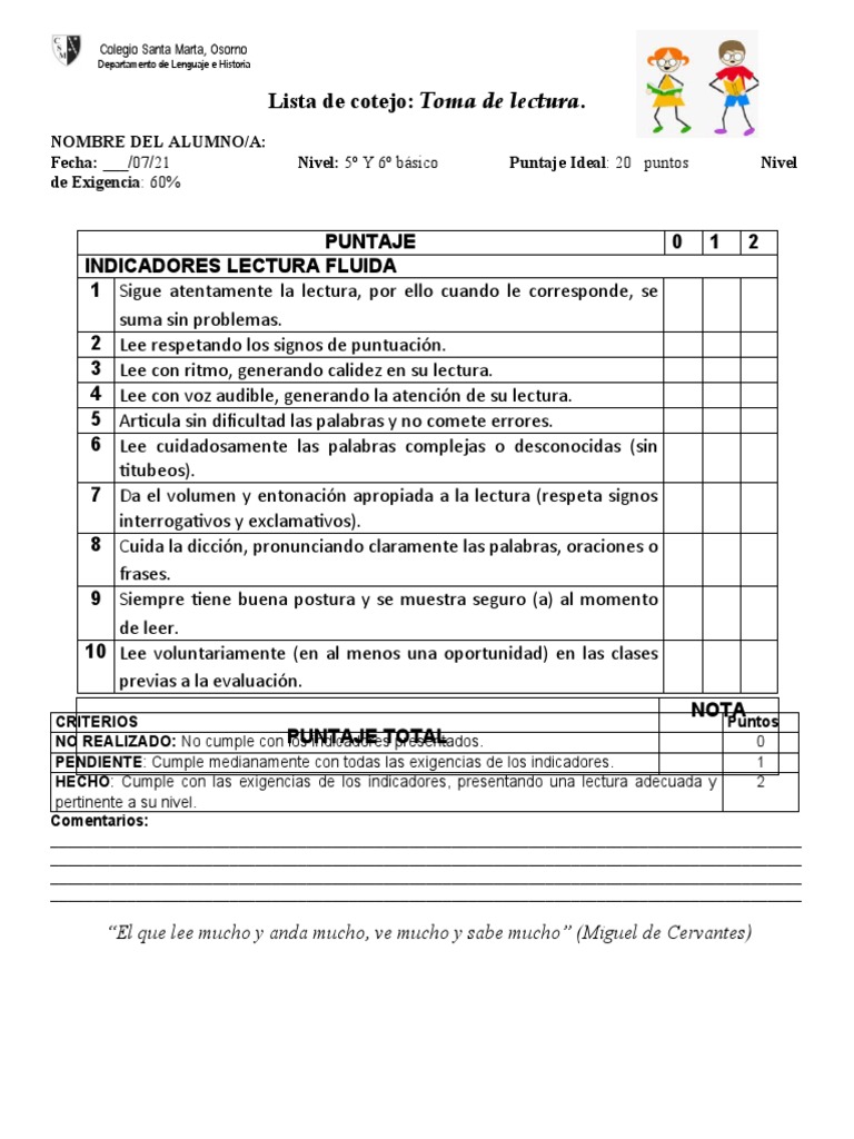 Lista de Cotejo - Lectura - Voz - Alta | PDF