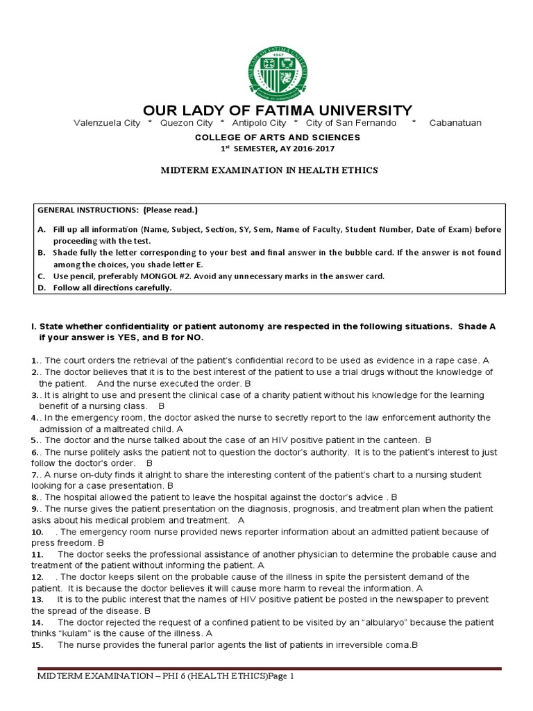 Exam Health Ethics Midterm With Answer | PDF | Informed Consent | Medical Ethics