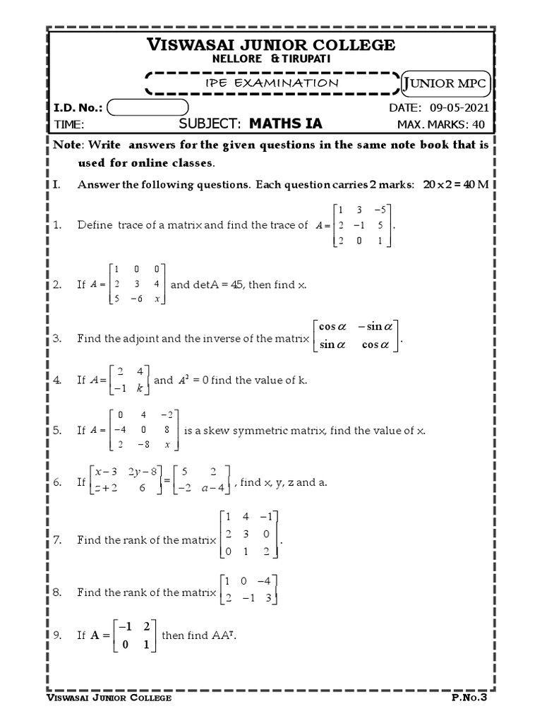 Maths IA Exam Paper for Viswasai College | PDF | Matrix (Mathematics ...