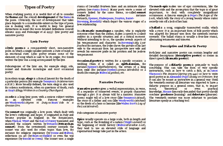 Types of Poetry: Lyric Poetry Descriptive and Didactic Poetry | PDF ...