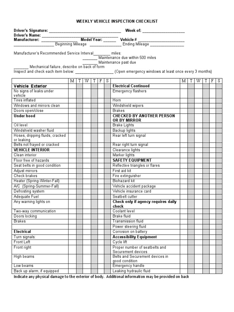 Weekly Vehicle Inspection Checklist | PDF | Vehicles | Seat Belt