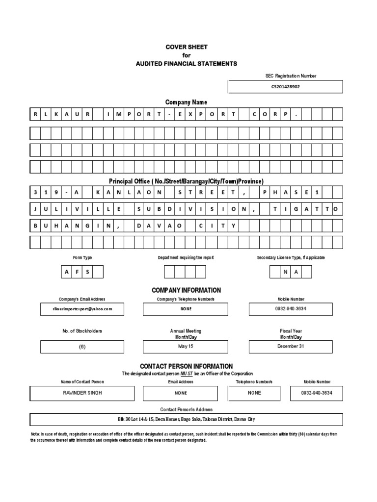 Sec Afs Cover Sheet-Rlkaur | PDF | Corporations | Business