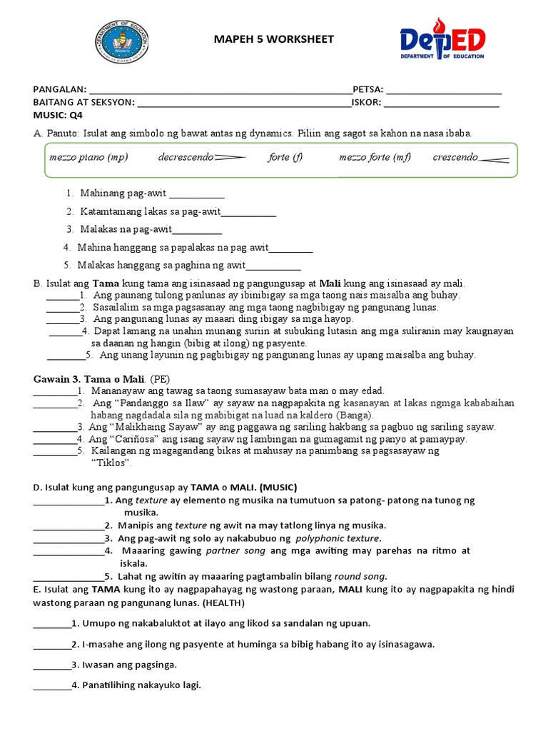 Mapeh 5 Q4 Worksheet 1 2 | PDF