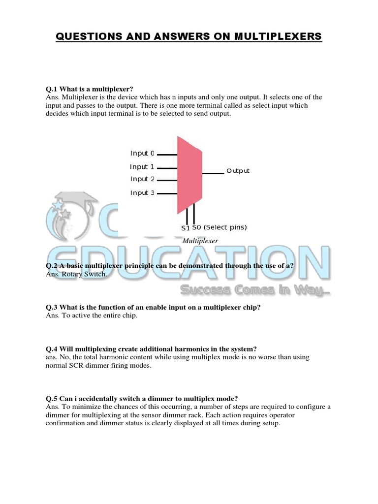 Questions and Answers On Multiplexers: Multiplexer | PDF | Multiplexing ...
