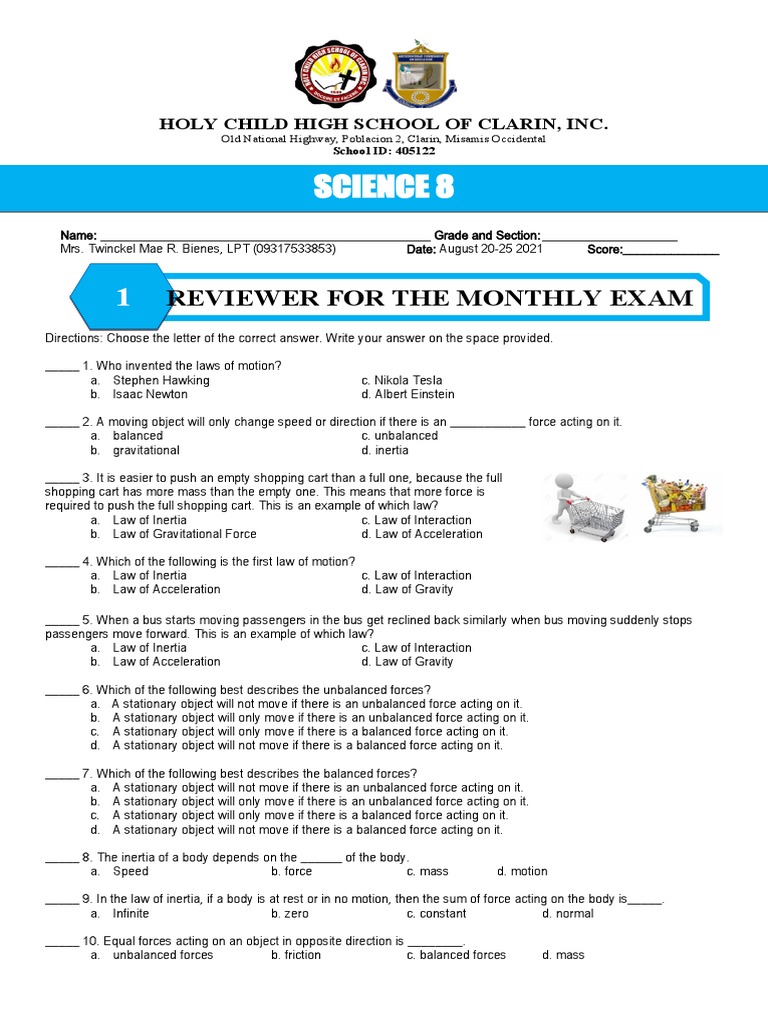 Science 8: Reviewer For The Monthly Exam | PDF | Force | Mass