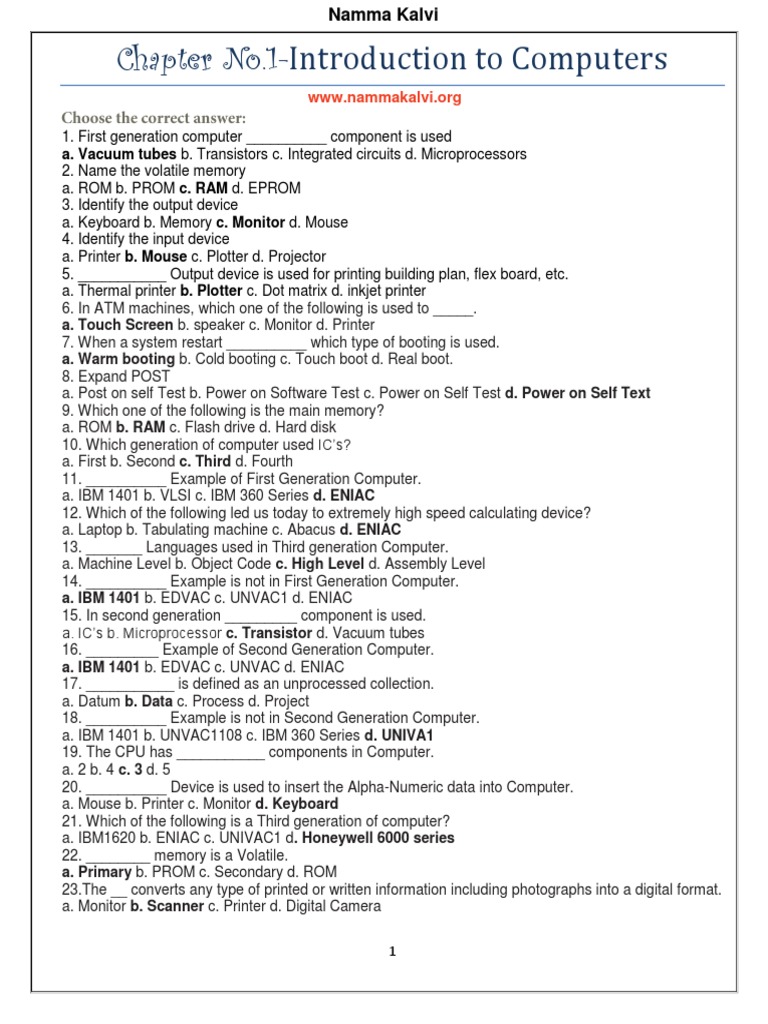 Chapter No.1-Introduction To Computers: A. Vacuum Tubes B. Transistors C. Integrated Circuits D ...