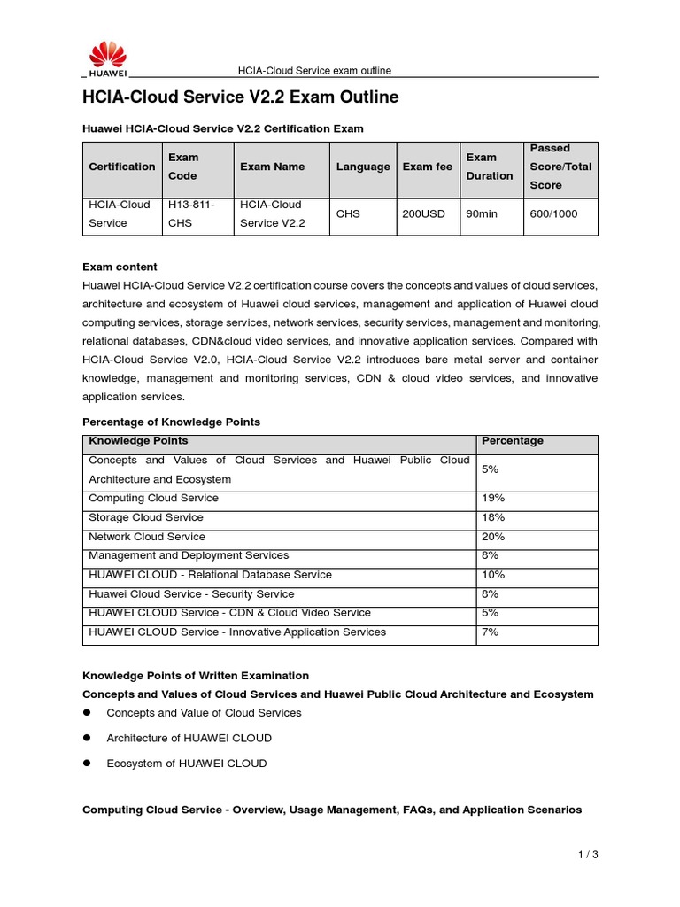 HCIA-Cloud Service V2.2 Exam Outline | PDF | Cloud Computing | Databases