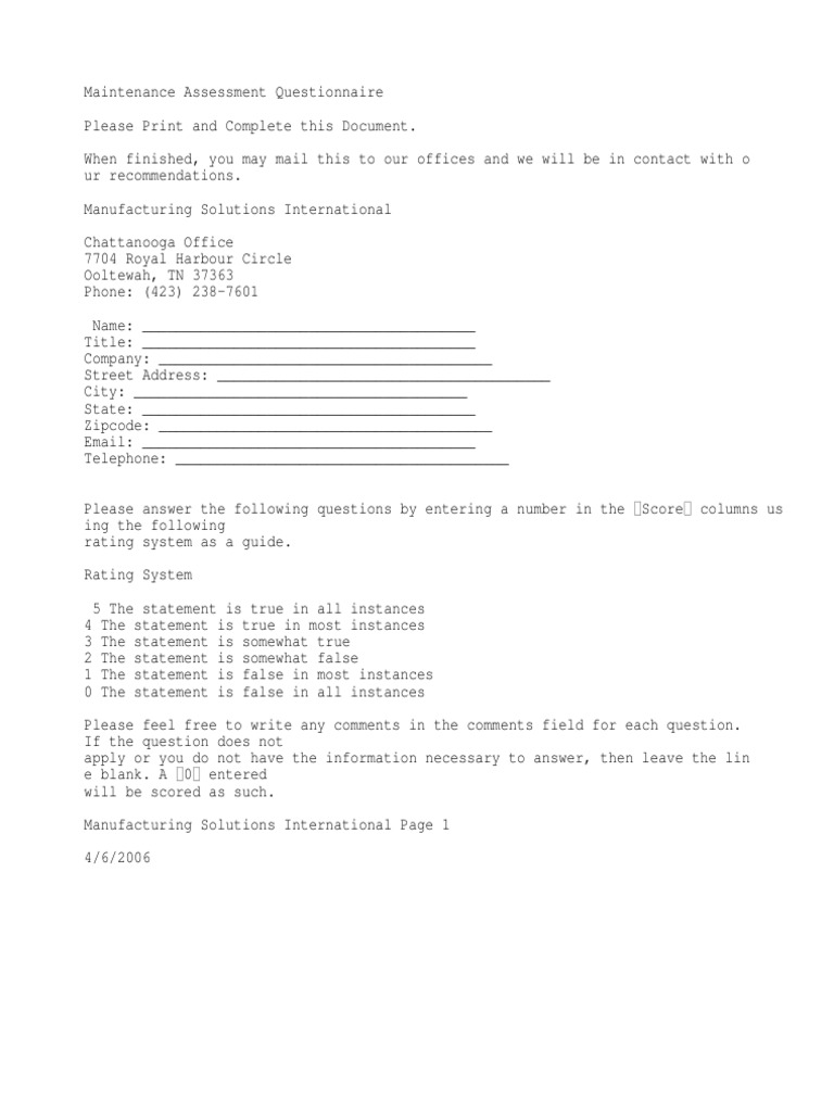 Maintenance Assessment Questionnaire | PDF | Reliability Engineering ...