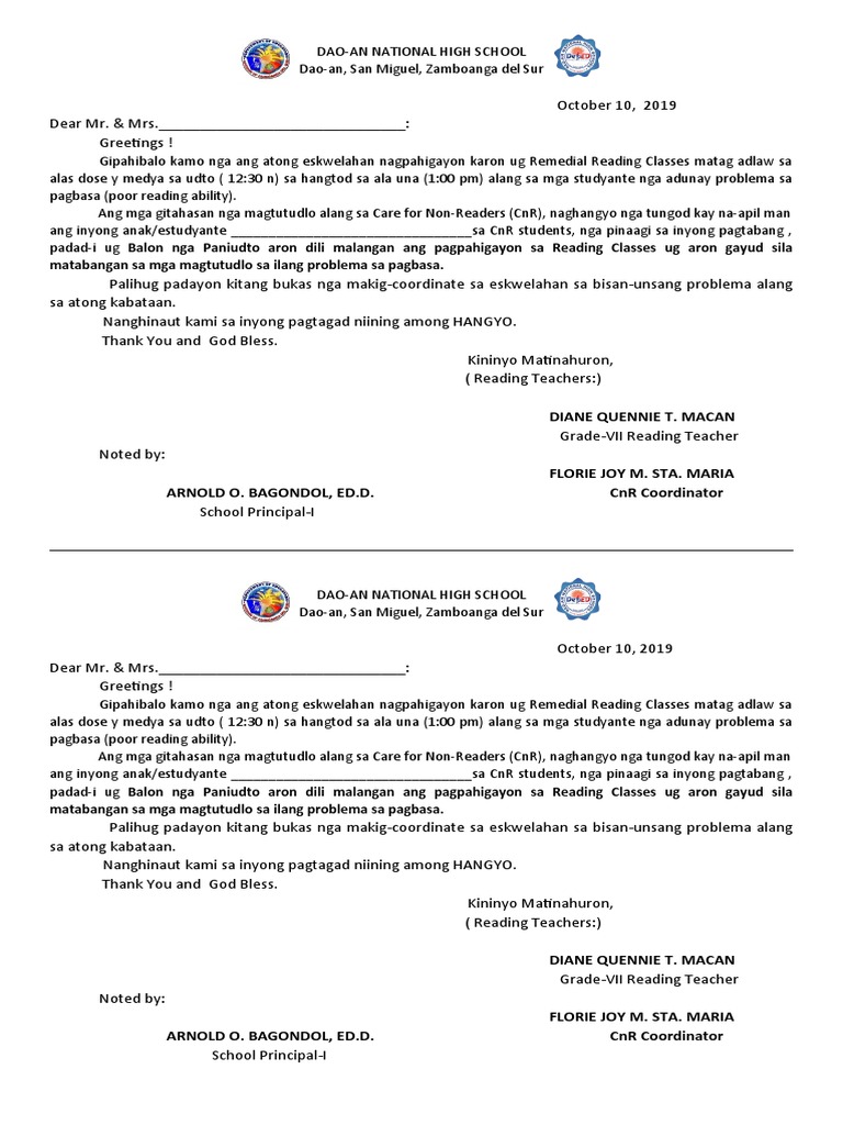 CNR Letter To PARENTS | PDF