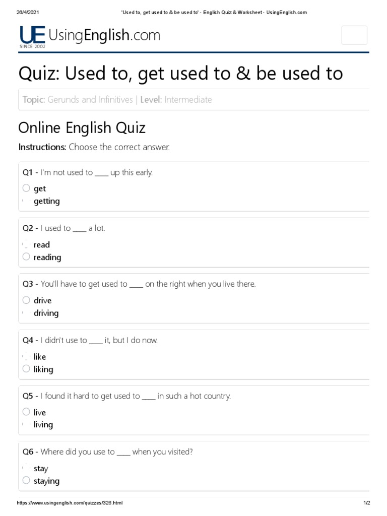'Used To, Get Used To & Be Used To' - English Quiz & Worksheet | PDF
