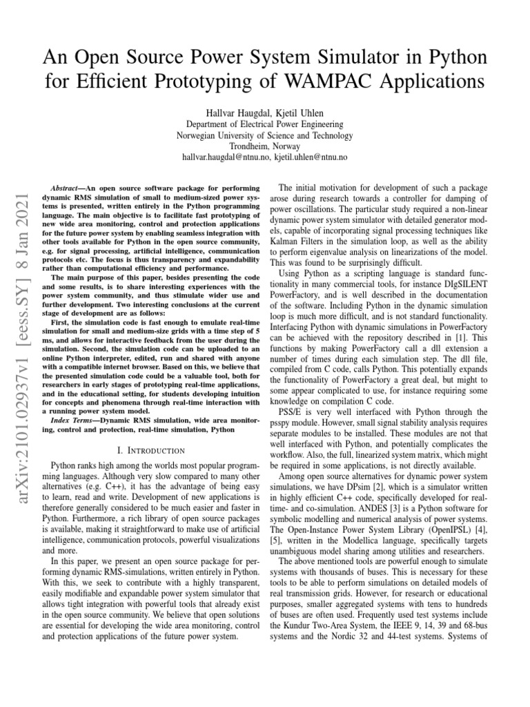 An Open Source Power System Simulator in Python For Efficient Prototyping of WAMPAC Applications ...
