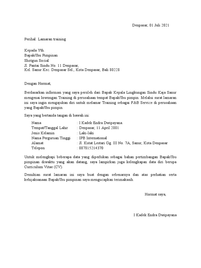 Surat Lamaran Dek Endra | PDF