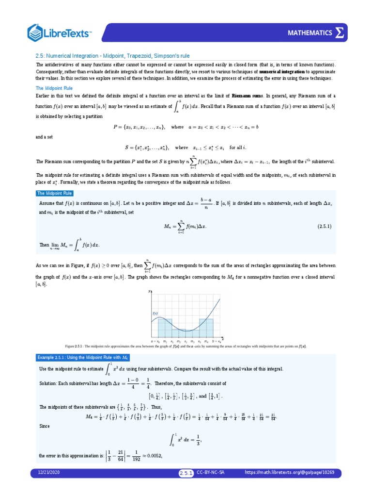 2.5: Numerical Integration - Midpoint, Trapezoid, Simpson's Rule | PDF | Integral | Mathematical ...