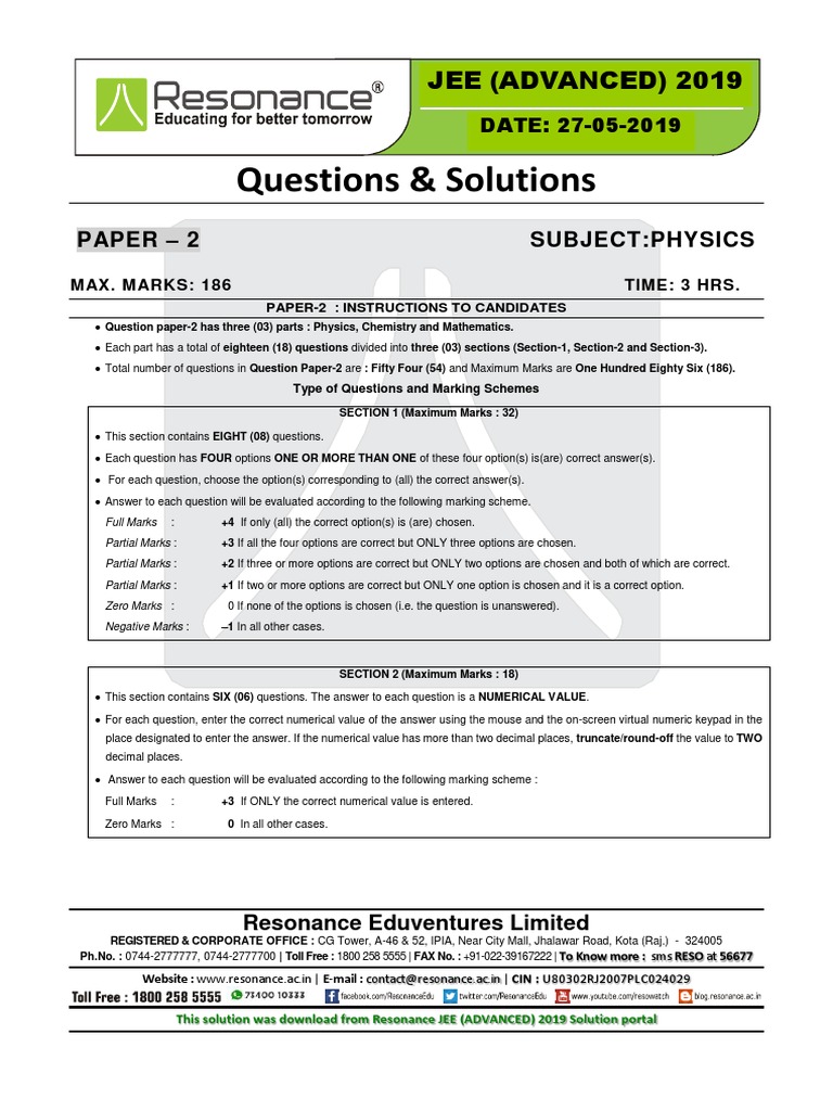 JEE (Advanced) 2016: Questions Solutions | PDF | Gases | Electronvolt