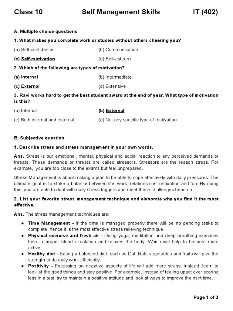 Chapter - Self Management Skills Class 10 | PDF | Goal | Stress (Biology)