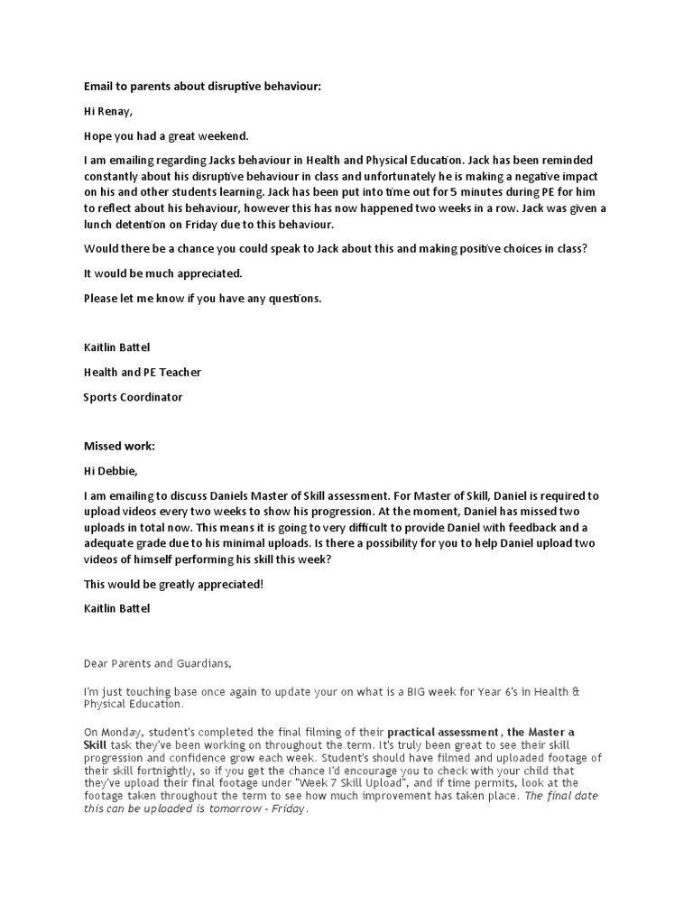 Sample Emails To Parents | PDF | Physical Education | Cognition