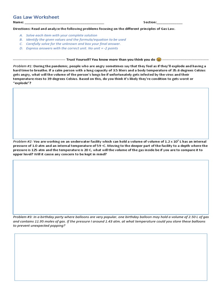 Gas Law Worksheet | PDF | Gases | Underwater Diving