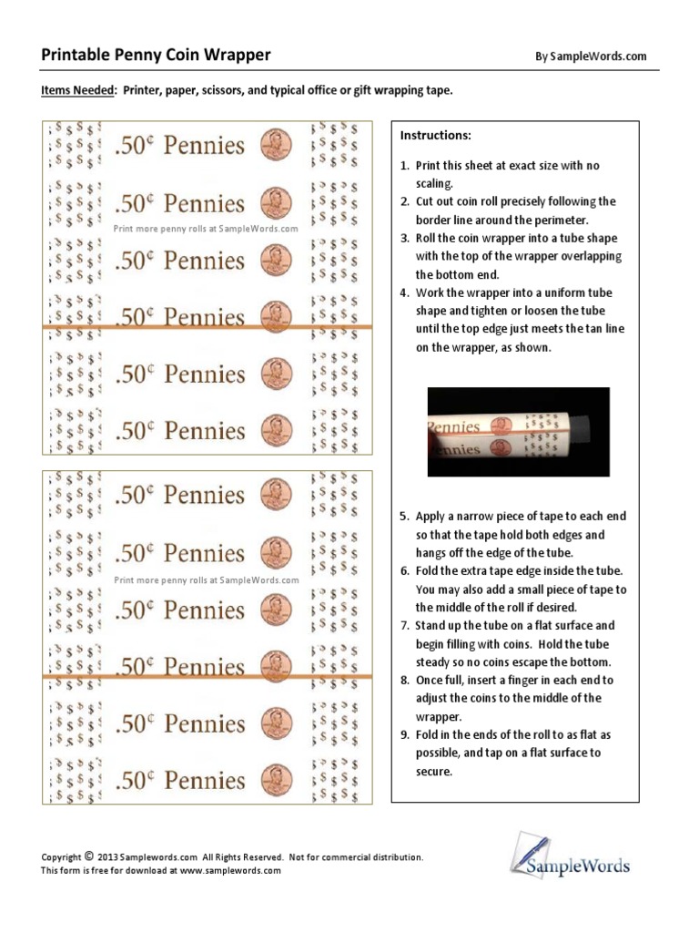 Printable Penny Coin Wrapper: Items Needed: Printer, Paper, Scissors ...