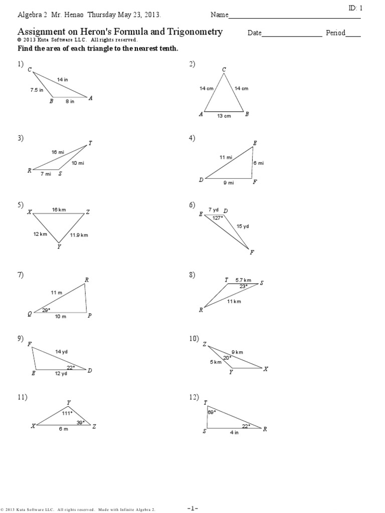 Assignment On Heron's Formula and Trigonometry: Find The Area of Each ...