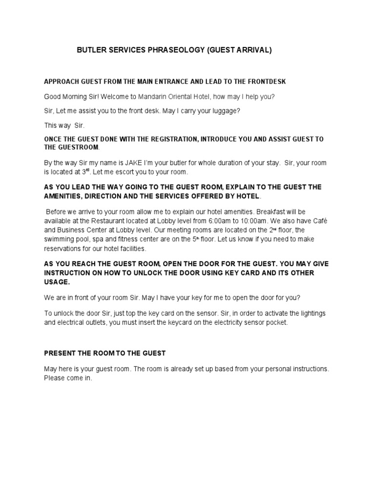 Butler Services Phraseology (Guest Arrival) : QQBBBB | PDF | Hotel ...