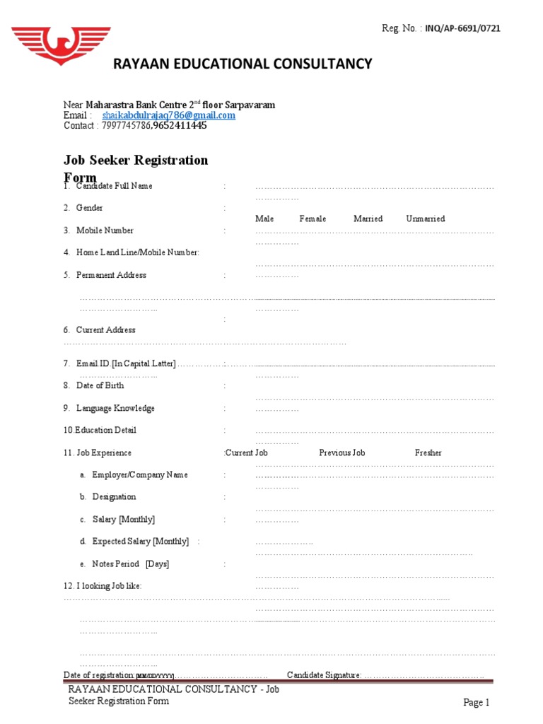 Job Seeker Registration Form | PDF | Recruitment