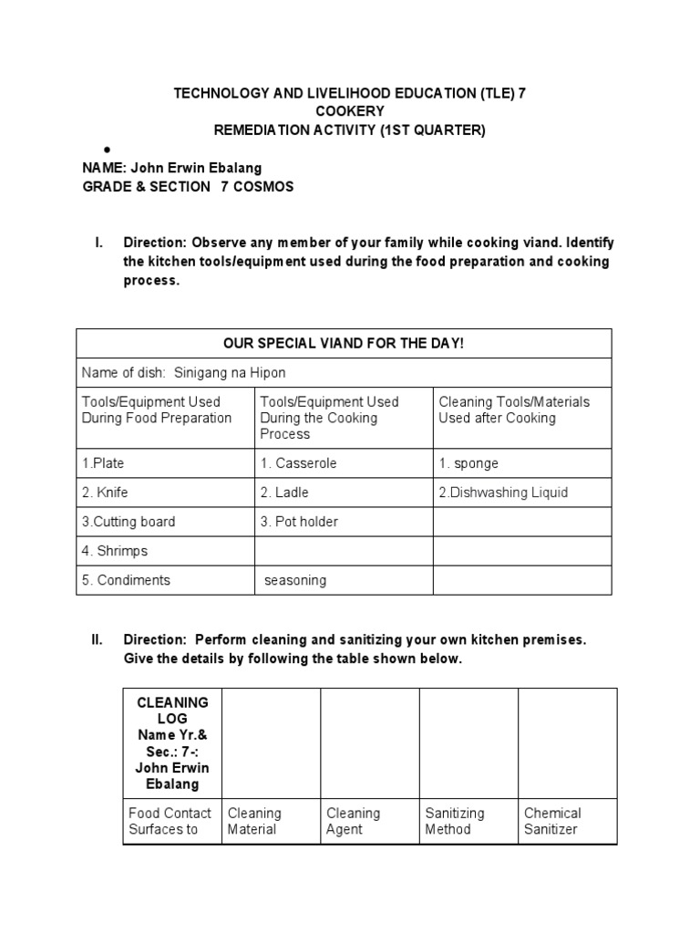 Tle 7 - Remediation Activity (1ST Quarter) | PDF | Cakes | Baking Powder