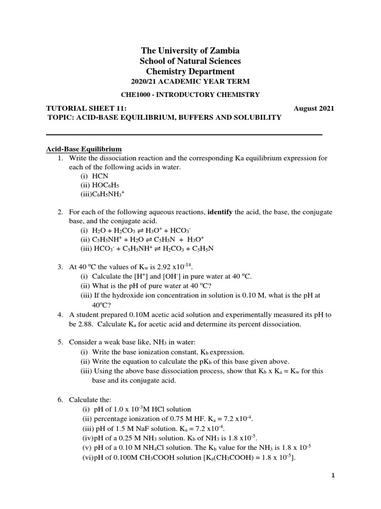 CHE 1000 Tutorial Sheet 11-Acid Base Equilibrium, Buffers and ...