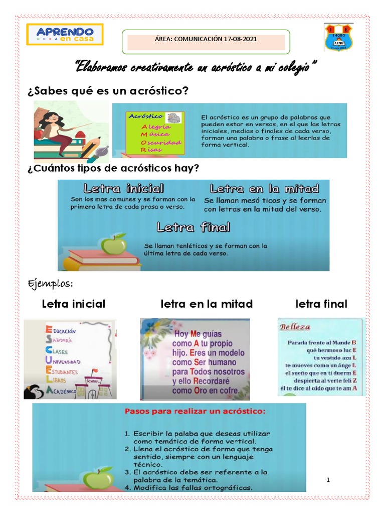 Creando un acróstico con cariño y alegría por mi colegio | PDF