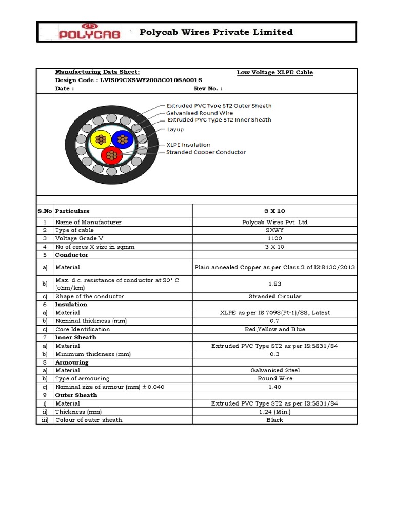 Polycab 10mm 3 Core Copper Armoured Cable Specification Sheet | PDF | Electrical Conductor ...