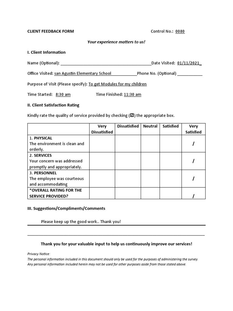 Client Satisfaction Feedback Form | PDF | Privacy | Information
