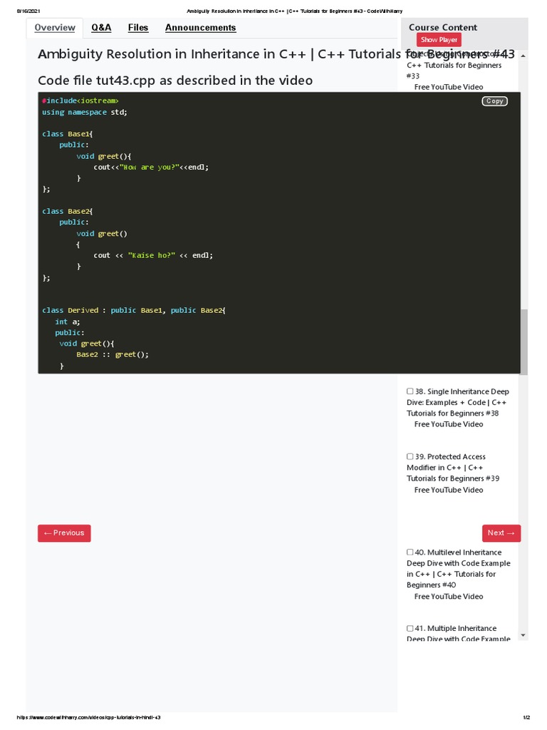 Ambiguity Resolution In Inheritance In C C Tutorials For Beginners 43 Codewithharry