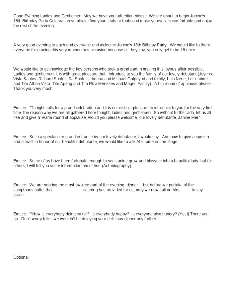 18th Birthday Emcee Script | PDF