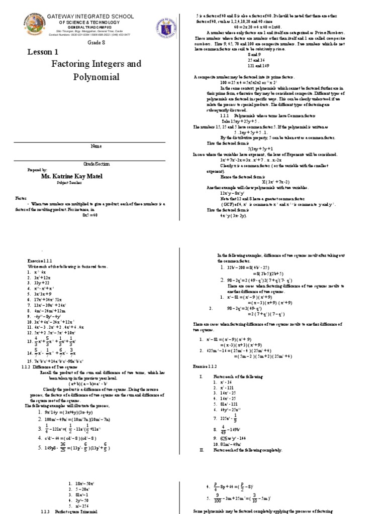 Mathematics 8 - Module 1 | PDF | Factorization | Polynomial