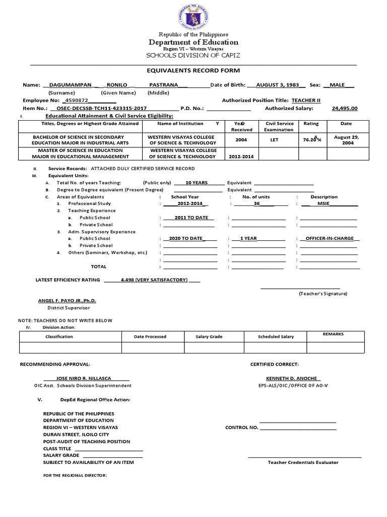 Department of Education: Equivalents Record Form | PDF | Teachers ...