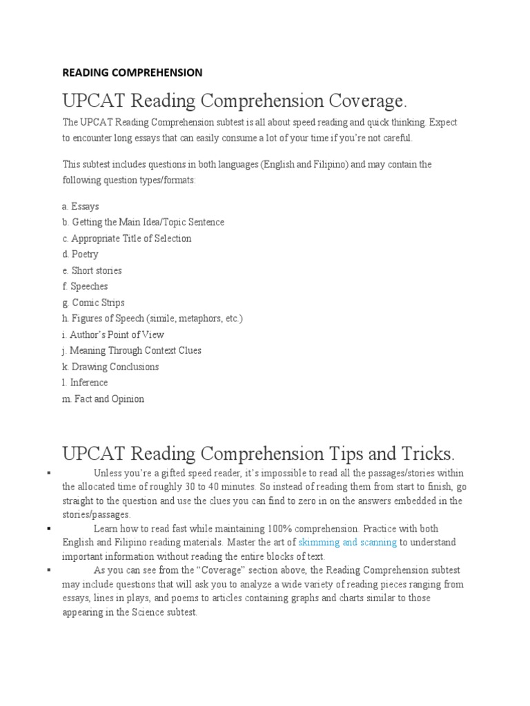 UPCAT Reading Comprehension Coverage | PDF | Reading Comprehension ...