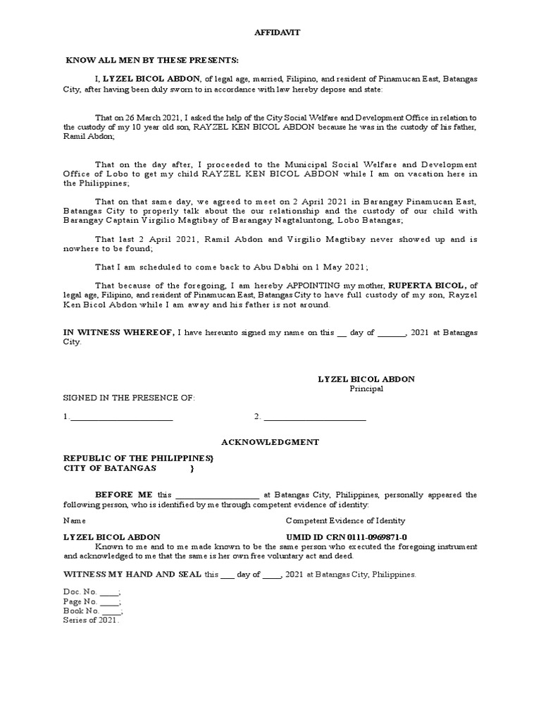 Affidavit For Minor Custody | PDF | Family | Social Institutions