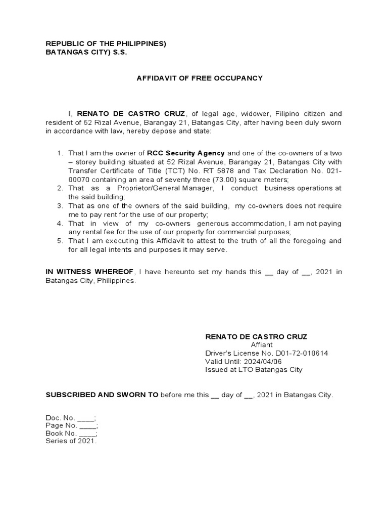 Affidavit of Free Occupancy in Batangas | PDF | Law