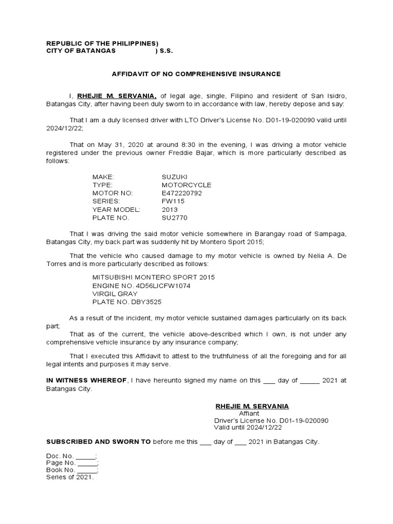 Affidavit of No Comprehensive Insurance | PDF | Finance & Money Management