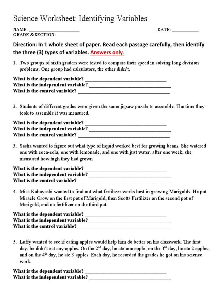 Science Worksheet: Identifying Variables | PDF