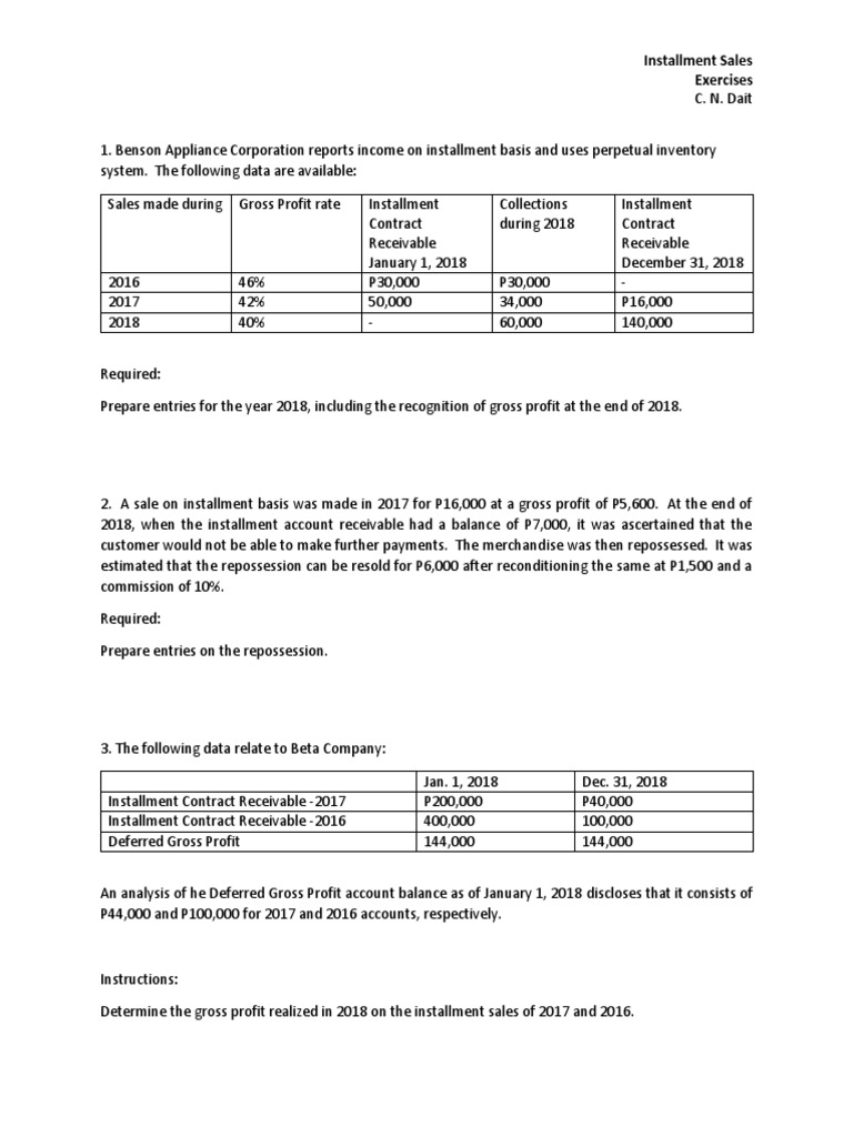 Installment Sales - Exercises 1 | PDF | Gross Income | Corporations