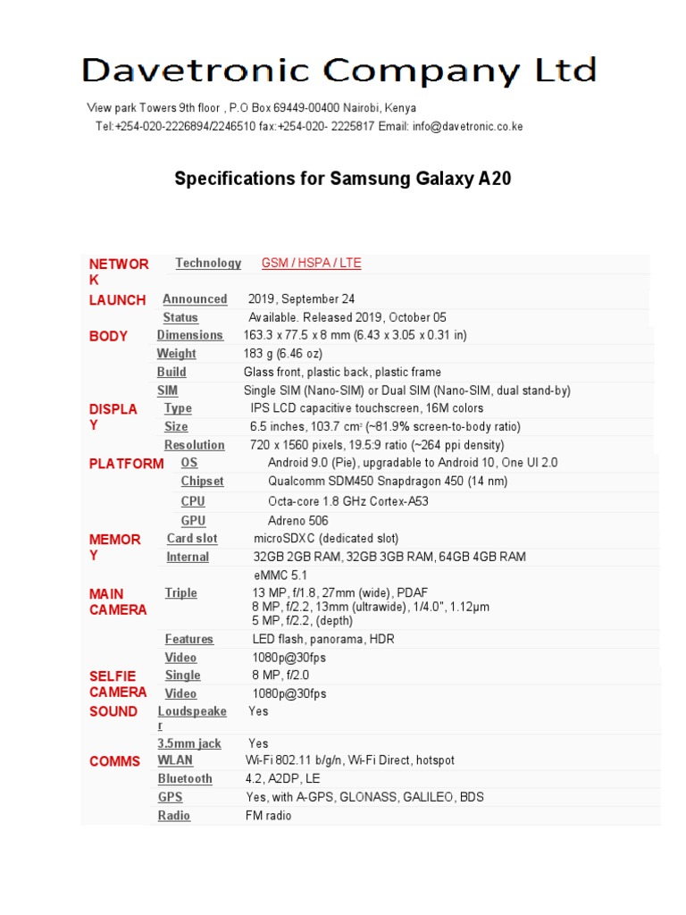 Specifications For Samsung Galaxy A20 | PDF | Pixel | Android ...