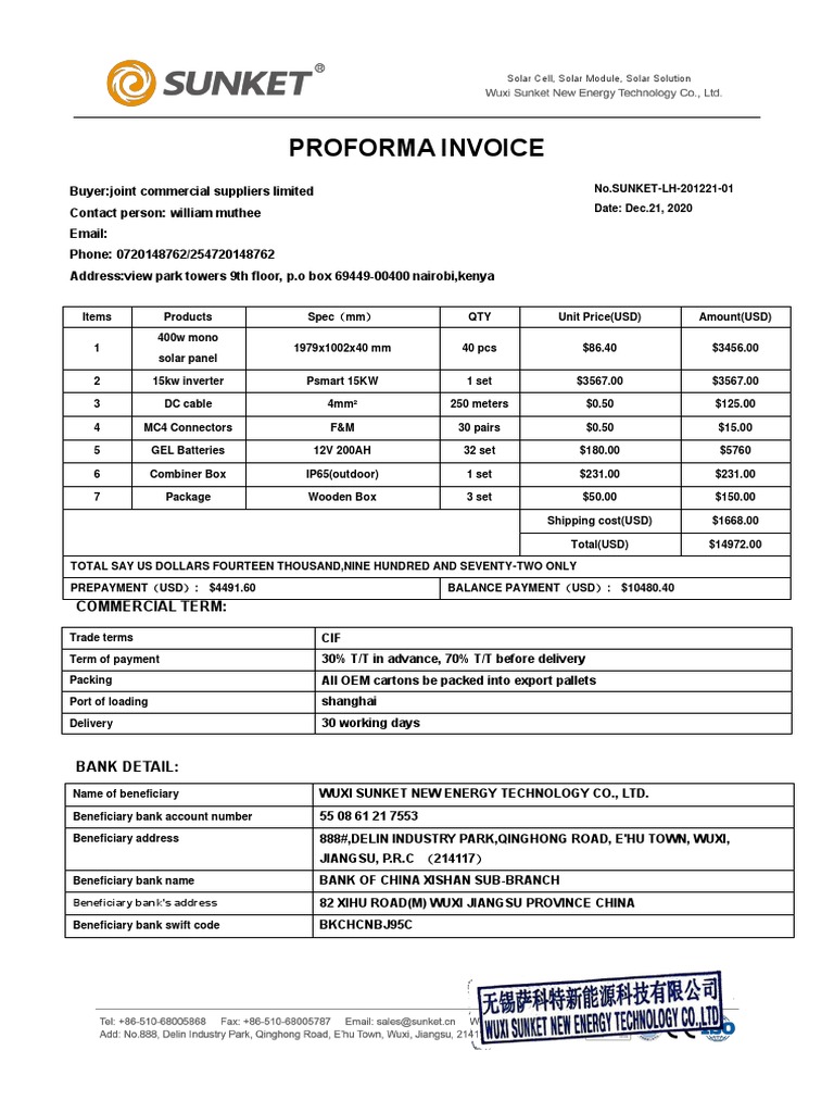 15KW Off-Grid Solar System PROFORMA INVOICE | PDF | Arbitration ...