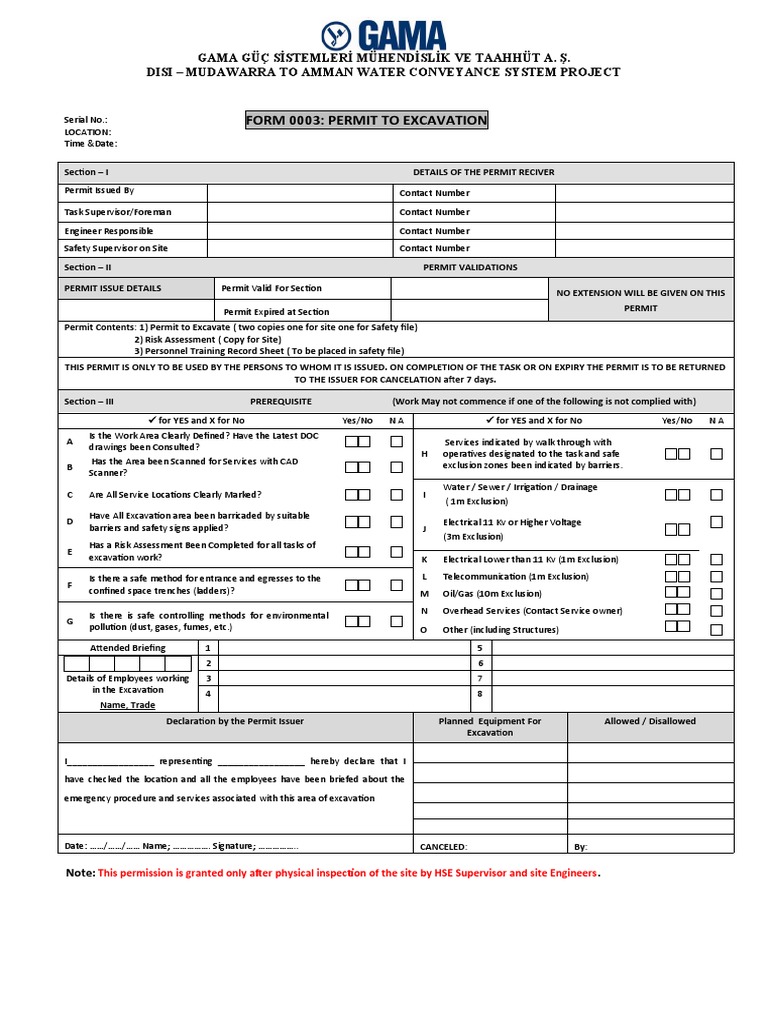 Form 0003: Permit To Excavation | PDF | Safety