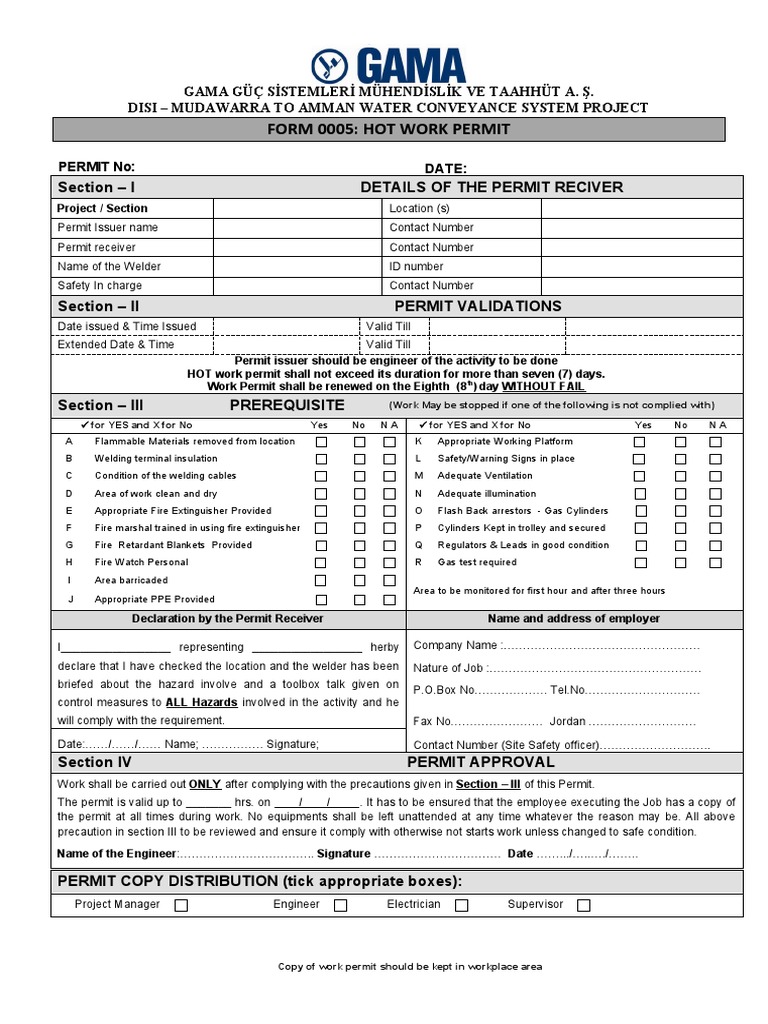 Form 0005: Hot Work Permit: Section - I Details of The Permit Reciver ...
