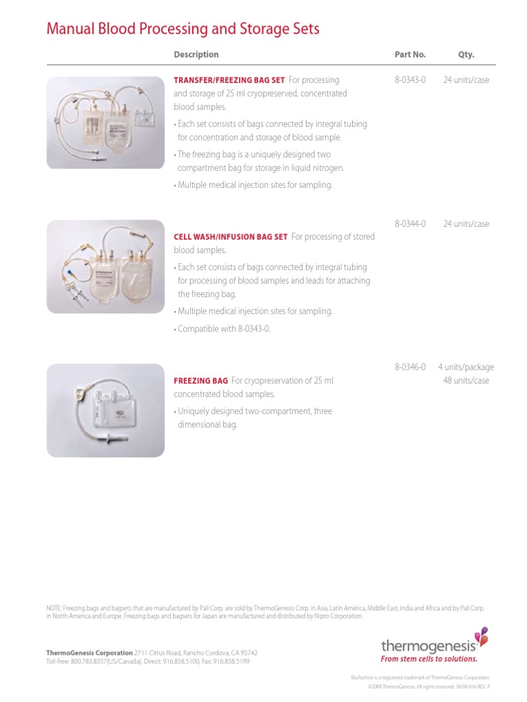 Manual Blood Processing and Storage Sets: Description Part No. Qty ...