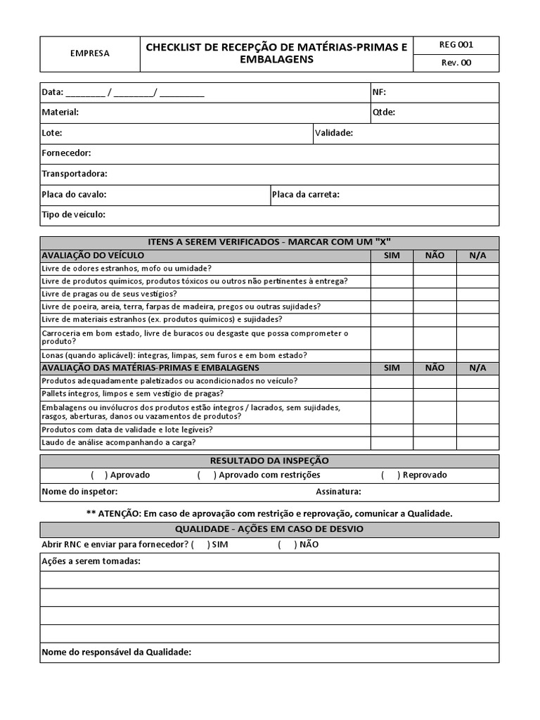 Checklist de recepção de matérias-primas e embalagens: inspeção de ...